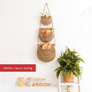 Hanging Fruit Basket, 3 Tier Woven Jute Wall Hanging Basket for Organizing, Hanging Produce Basket for Fruit & Vegetable Storage, Boho Kitchen Decor, Wall Basket Storage for Kitchen, Bedroom, Bathroom