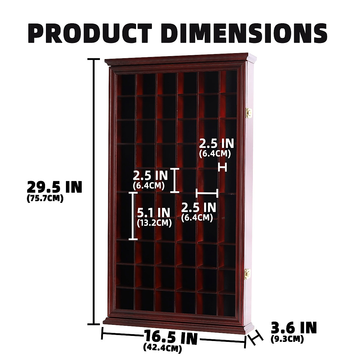 DisplayGifts Solid Wood Shot Glass Shooter Display Case Holder Cabinet Wall Rack Hinged Glass Door 56 Slot Cherry Finish