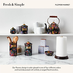 MACKENZIE-CHILDS Black Flower Market Enamel Canister, Floral Kitchen Storage Container with Lid, Medium