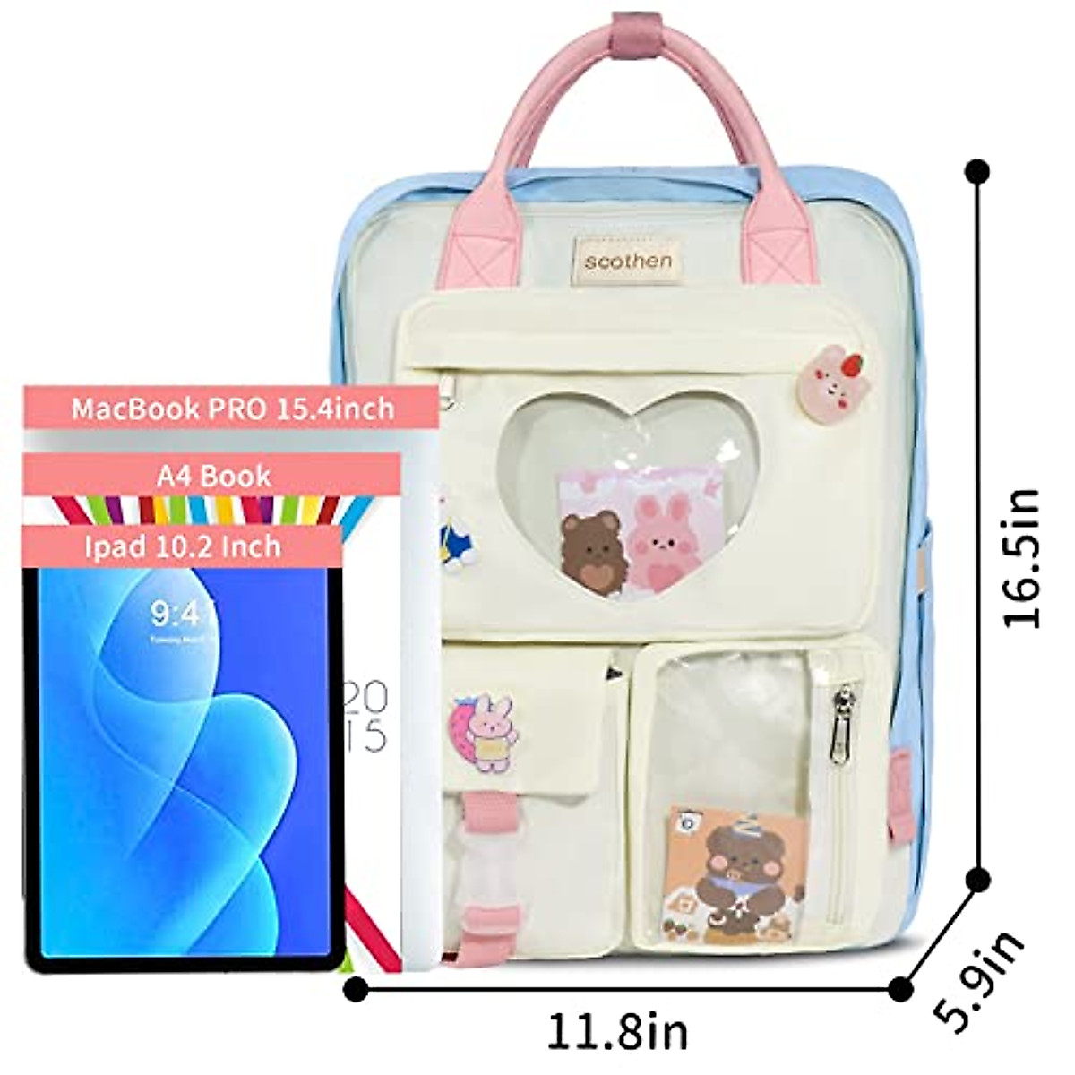 Backpack for Girls,Kawaii Backpack,Pin Display Backpack with Cute Pins,Kids School Bag,Heart Ita Backpack,Cute Aesthetic Bookbag for Teen Girls,Japanese Backpack for Elementary Middle School Girls