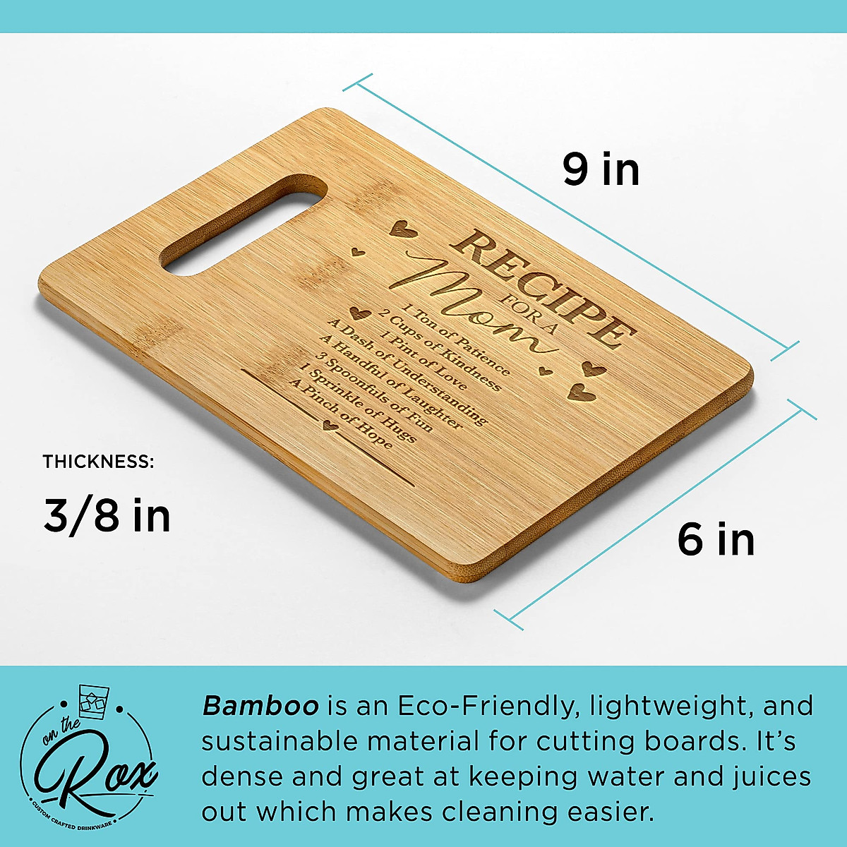On The Rox Gifts for Mom - "Recipe For A Mom” Bamboo Engraved Personalized Cutting Board (9"x6") - Birthday Gifts for Mom from Daughters - Mother's Day, Grandmother, Grandma Gifts