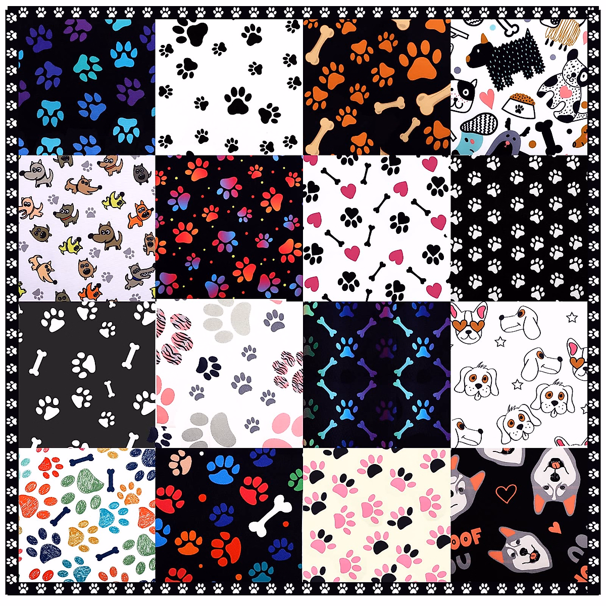 16 Pieces Dog Bone Paws Fabric Paw Print Fabric Retro Fabrics Sewing Fabric Animal Themed Pattern Decorative Fabric Animal Themed Pattern Bone Printed Fabric for DIY Crafts Supplies, 10 x 10 Inch