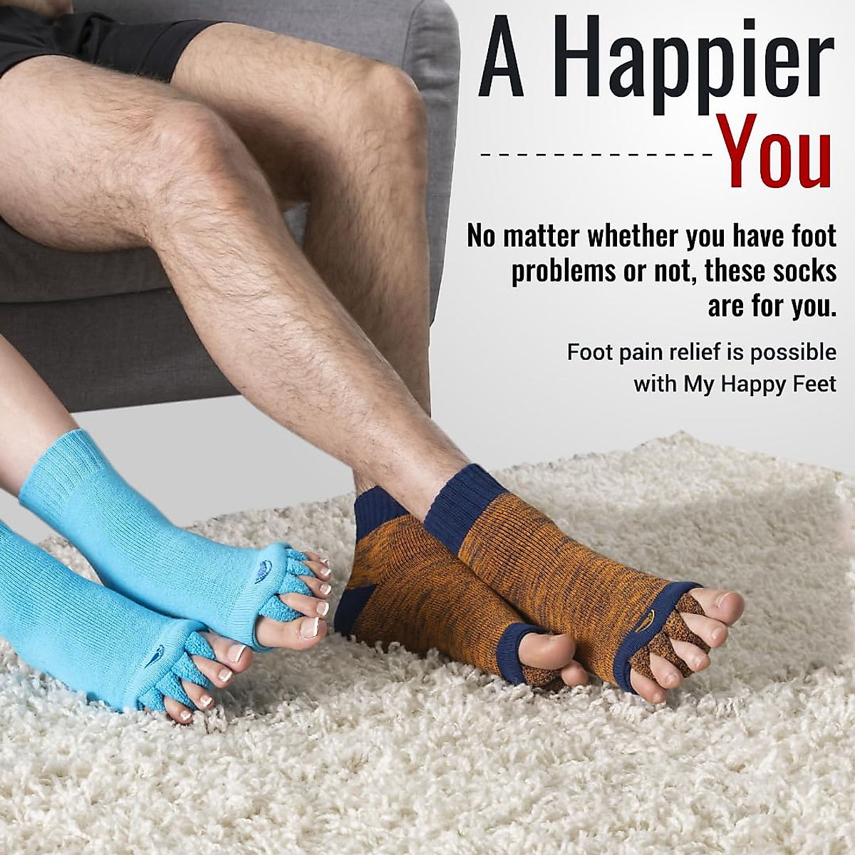 My Happy Feet Foot Alignment Socks with Toe Separators for Men or Women | Light Blue (Medium)