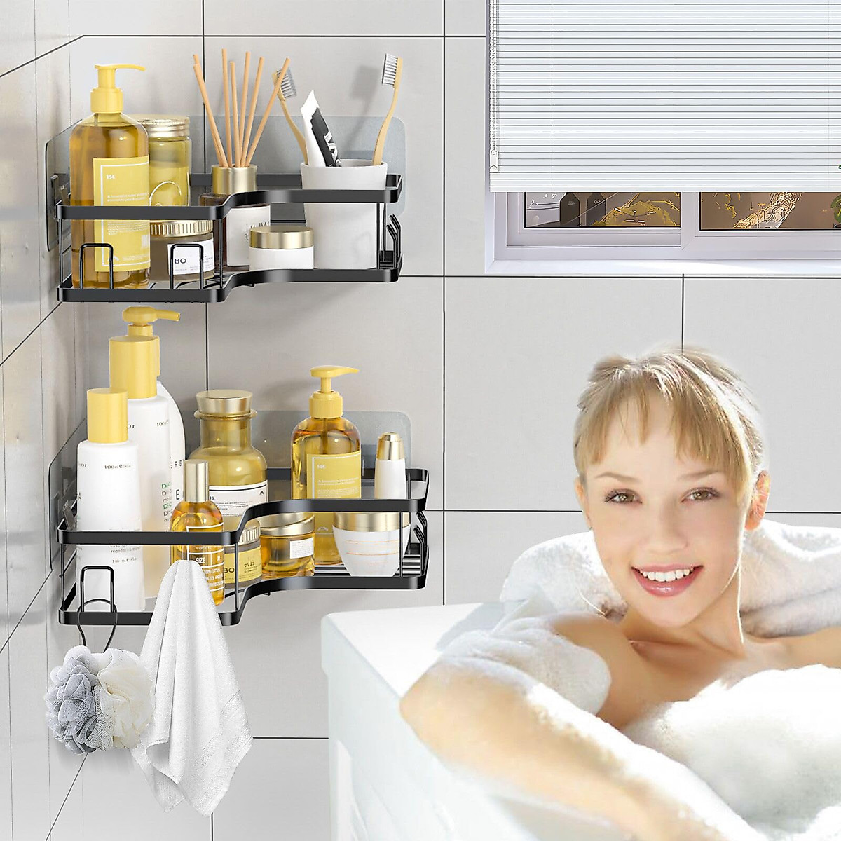 Manalete Corner Shower Caddy, 2 Pack Adhesive Bathroom Shower Organizer, No Drilling Black Shower Shelf for Inside Shower, Corner Shower Storage Rack Shampoo Holder Organizer