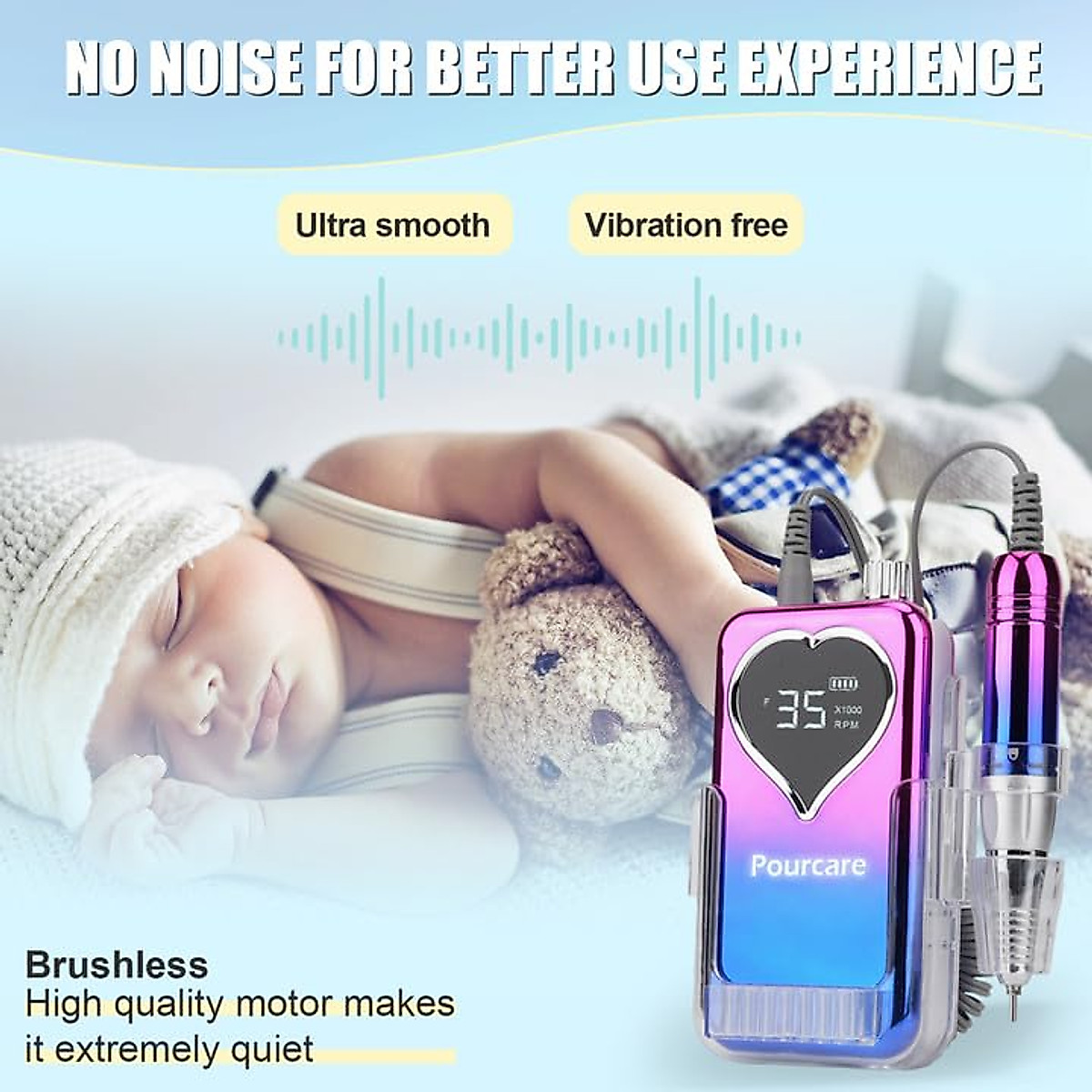 Electric Professional Nail Drill 35000 RPM,Electric Nail File Efile Machine Set,Rechargeable Acrylic Nail Tool Kit,Manicure Pedicure Gel Grinder Polish for Home Salon Teach(Sunset Blue)