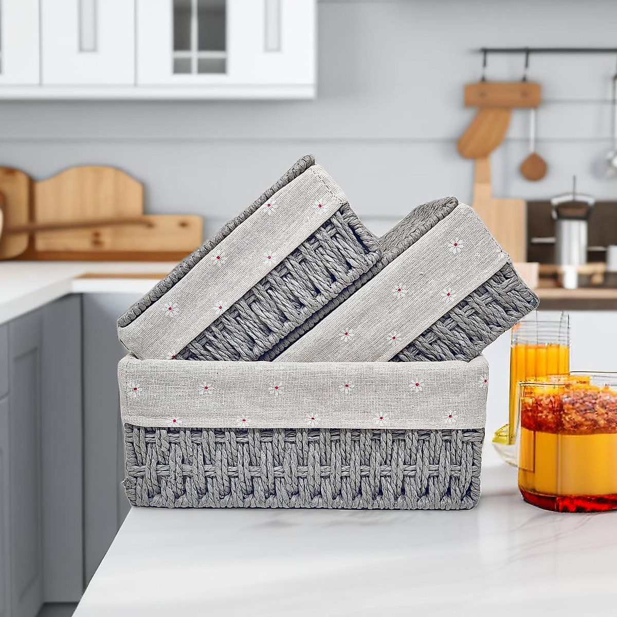 GIB Wicker Woven Storage Baskets with Lids Set of 3 Size, Paper Rope Small Nesting Baskets Removable Liner Container Bins for Shelves Desk Keys Gifts Makeup Organizer, Grey