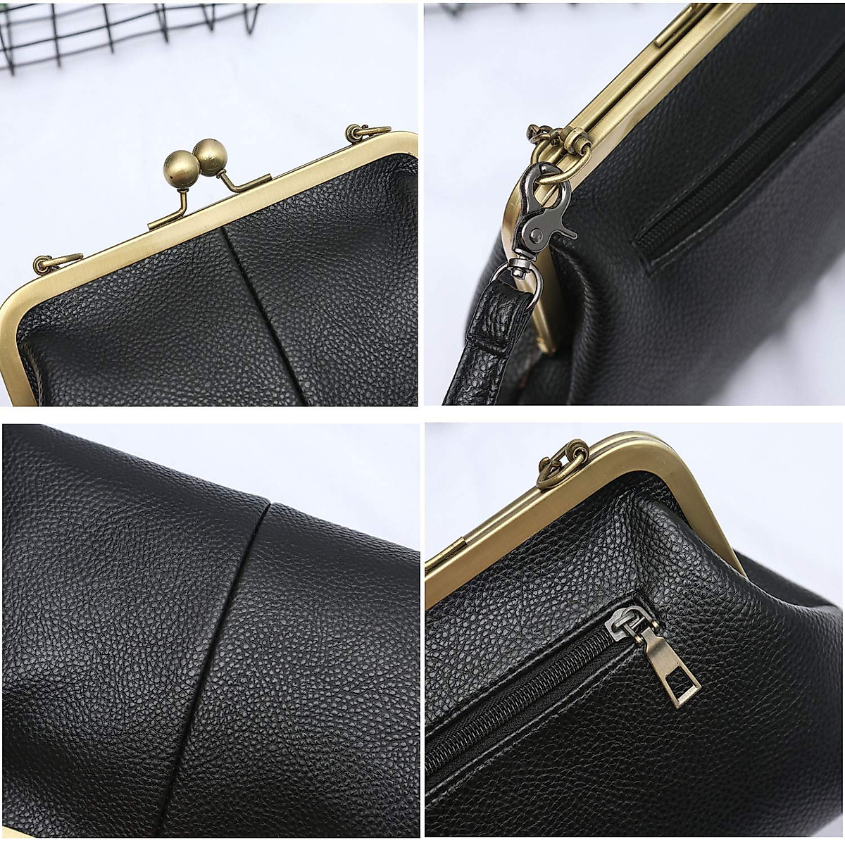 Women Small Vintage Chains Handbag - Pu Leather Kiss Lock Purse(Black)