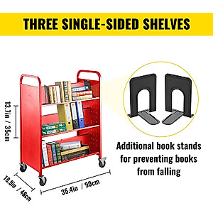 VEVOR Book Cart, 200lbs Library Cart, 35x19x49 Inch Rolling Book Cart Double Sided W-Shaped Sloped Shelves with 4-Inch Lockable Wheels for Home Shelves Office and School Book Truck in Red
