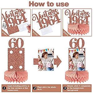 Guiruiy 8Pcs Happy 60th Birthday Decorations Honeycomb Centerpieces for Women, Pink Rose Gold Glitter Hello 60 Birthday Photo Table Centerpieces Party Supplies, Pink Sixty Bday Photo Table Topper