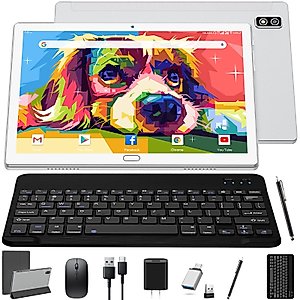 10 Inch Tablet Android 13 Tablets, 2 in 1 Tablet PC with 4+64/128GB Storage Octa-Core, Dual Sim Card Slots Tablet with Keyboard, 13MP Camera, 6000mAh Battery, GPS, Bluetooth, WiFi, Case Included