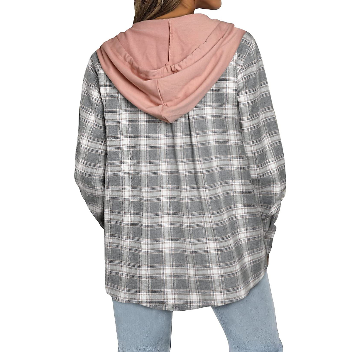 Knemksplanet Women Plaid Hooded Shirt Drawstring Flannel Sweatshirt Hoodie Jacket Casual Button Down Blouse Tops with Pocket Gray
