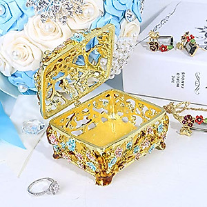 YU FENG Jeweled Butterfly Flower Trinket Boxes Hinged Collectible Decorative Golden Enamel Jewelry Ring Holder Box
