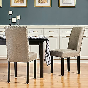 glitzhome Set of 4 Upholstered Chairs, PU Leather Dining Room Kitchen Side Chair with Nailhead Trim and Rubber Wood Legs, Gray