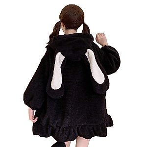 BZB Kawaii Anime Bunny Ear Hoodies For Women Sweet Lovely Fuzzy Fluffy Rabbit Sweater Tops Cosplay Jacket Coats Black