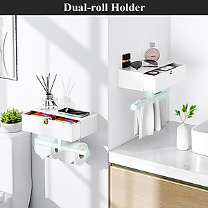 Tindbea Toilet Paper Holder with Storage - Stainless Steel Wall Mounted Toilet Paper Holder with Shelf, Flushable Wipes Holer Dispenser, Tampon Storage for Bathroom, Double Tissue Roll Holder, White