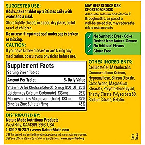 Nature Made Calcium, Magnesium Oxide, Zinc with Vitamin D3 helps support Bone Strength, Tablets, 300 Count