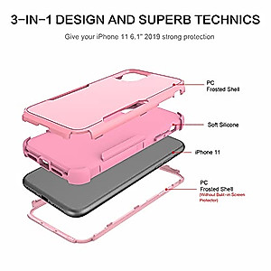 BENTOBEN iPhone 11 Case, Phone Case iPhone 11, Heavy Duty 3 in 1 Full Body Rugged Shockproof Hybrid Hard PC Soft TPU Bumper Drop Protective Girls Women Boy Men Covers for iPhone 11 6.1", Pink Design