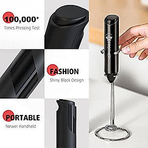 Milk Frother Handheld with Stand, Frother Whisk, Milk Foamer, Drink Mixer Coffee Frother for Latte, Cappuccinos, Hot Chocolate - AA Battery Operated - Black