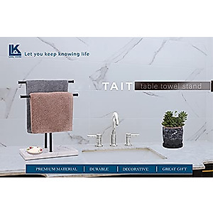 LKKL Hand Towel Holder - Double T Hand Towel Holder for Bathroom - Countertop Towel Stand Free Standing Towel Rack Bathroom Towel Hanging Rack with Resin Tray Base(Black/White)