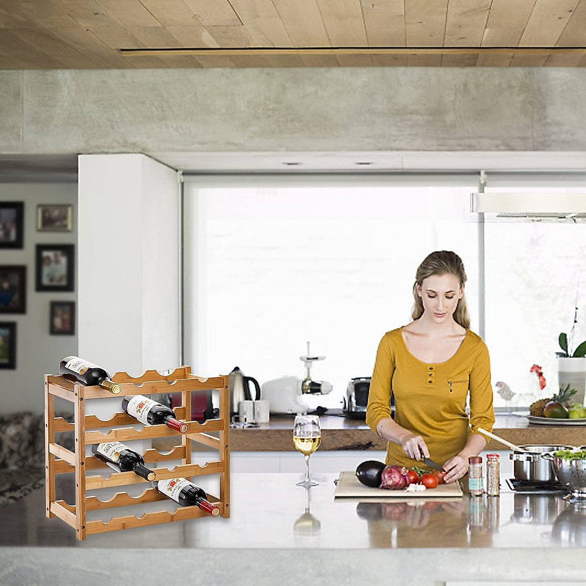 TOPZEA Countertop Wine Rack Free Standing, 16-Bottle Wood Wine Storage Rack 4-Tier Rustic Wine Display Shelf Floor Stackable Wine Bottle Holder Stand for Kitchen, Bar, Pantry, Cabinet, Basement