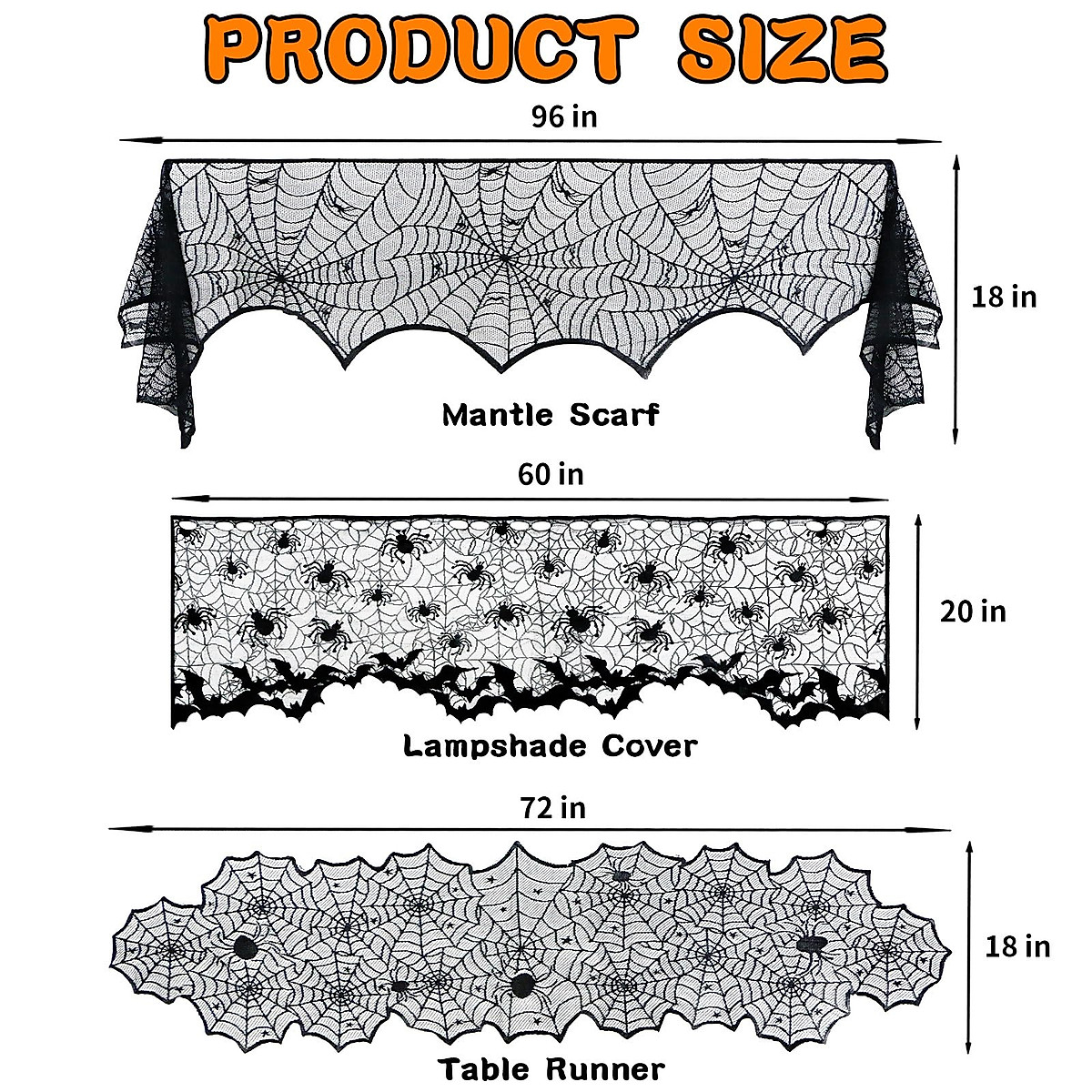 5 Pack Halloween Decorations Indoor, Halloween Mantel Decorations, Spider Web Table Runners, Round Table Cover and Cobweb Lampshade with 36pcs Scary 3D Bat Stickers for Halloween Party Decor