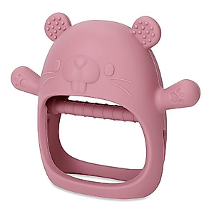 Socub Baby Teether Toy for Infants 12+ Months, Silicone Never Drop Silicone Mitten Teething Toy for Soothing Sore Gums, Baby Chew Toys for Sucking Needs, BPA Free, Dark Pink