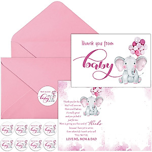 Zhanmai 50 Sets Baby Shower Thank You Cards Elephant Themed 50 Baby Shower Thank You Notes with 50 Envelopes and Stickers Baby Shower Card Baby Gift Boy Card for Baby Shower Gender Reveal Party (Pink)