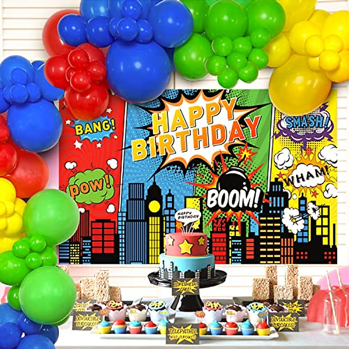 Happy Greetings 108 Pcs Super hero party decorations Balloons Arch Garland Kit, Superhero Birthday Party Backdrop hero Comic City Skyline Buildings Backdrop Theme Photo Booth 1st 2nd Bday For Kids Boy