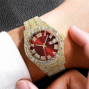 Unisex Luxury Iced Out Watch Mens Diamond Watches Roman Numerals Watches Quartz Analog Wrist Watch (Gold Red)