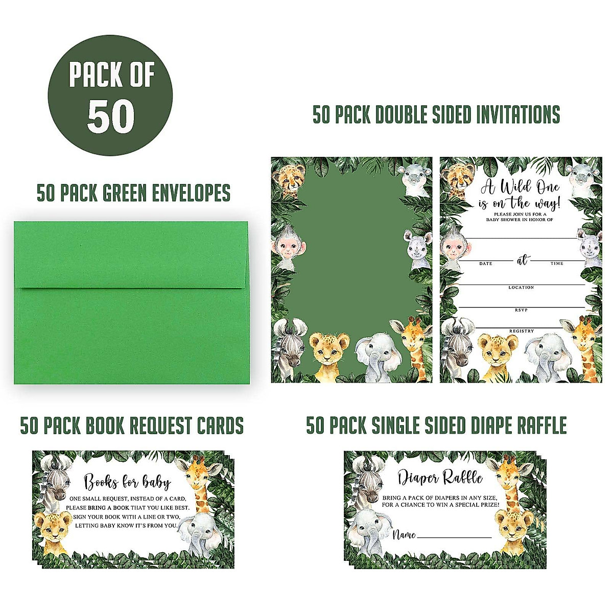 Yuzioey 50 Safari Baby Shower Invitations, Jungle Animals Invitations Macthing Envelpoes, Diaper Raffle Tickets, Book Request Cards, Safari Animals Invitations