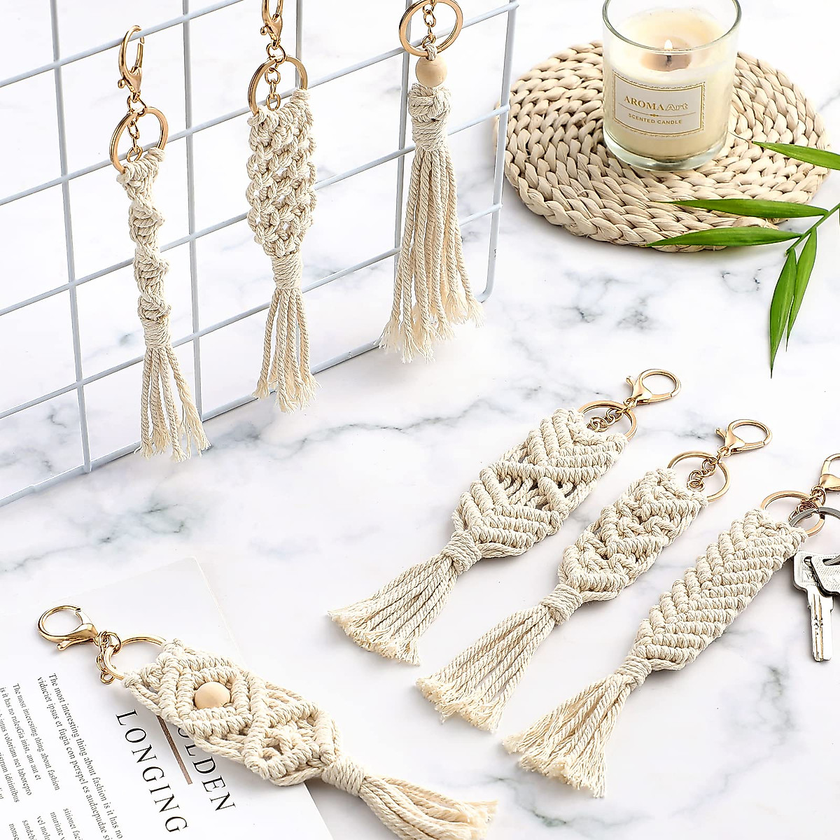 Junkin Macrame Boho Keychains Bulk Handcrafted Aesthetic Key Chain with Tassel for Women Car Key Purse Wallet Beige (12 Pieces)