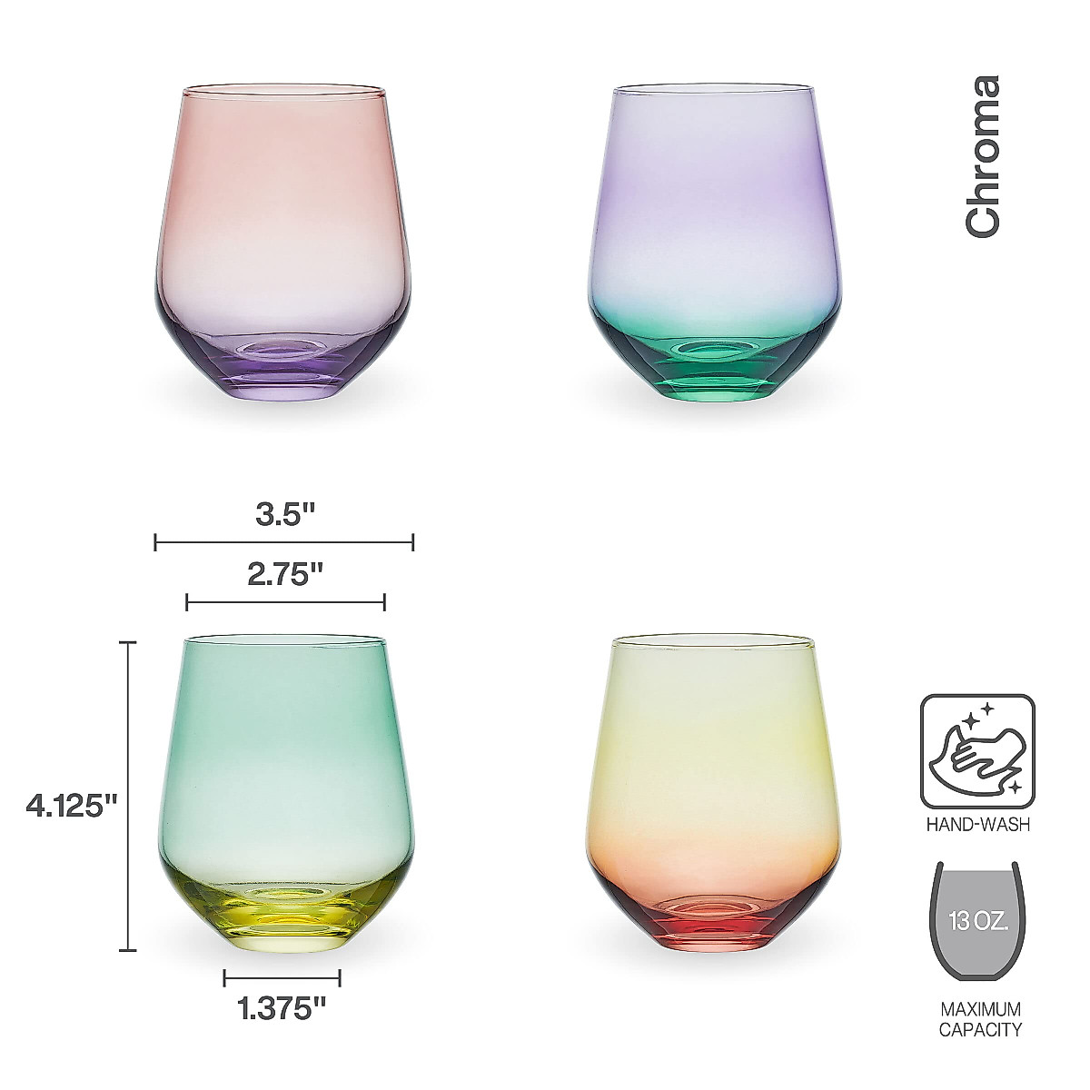Mikasa Chroma Set of 4 Stemless Wine Glasses, 13 Ounce, Rainbow