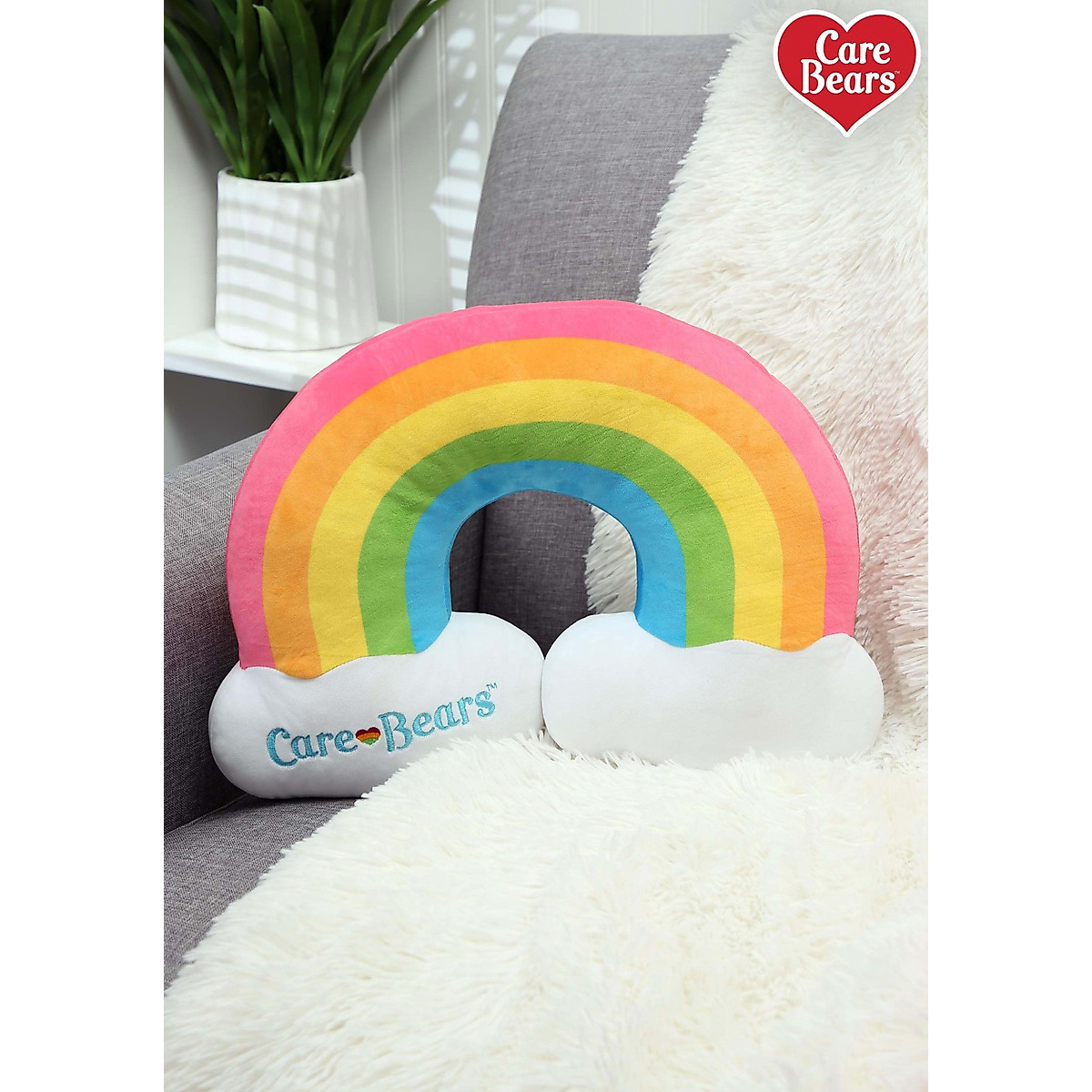 Fun Costumes Care Bears Rainbow Pillow Soft Flannel Pillow with Rainbow Stripes, Embroidered Logo, and Cushy Fiberfill Stuffing