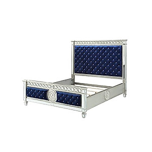 Acme Varian Queen Upholstered Panel Bed in Blue Velvet and Mirrored