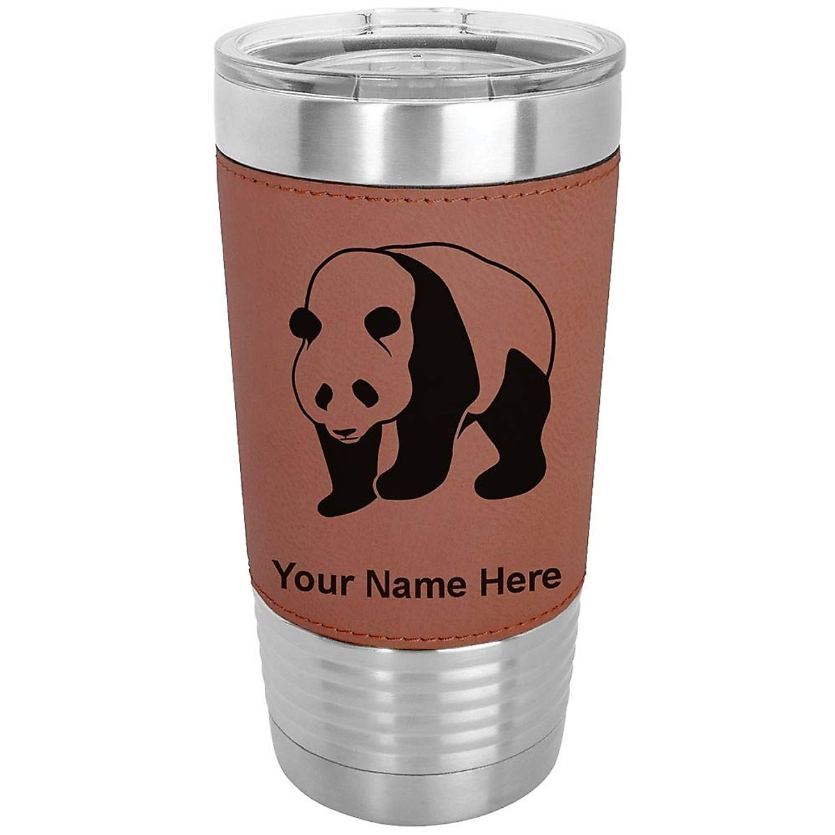 LaserGram 20oz Vacuum Insulated Tumbler Mug, Panda Bear, Personalized Engraving Included (Faux Leather, Dark Brown)
