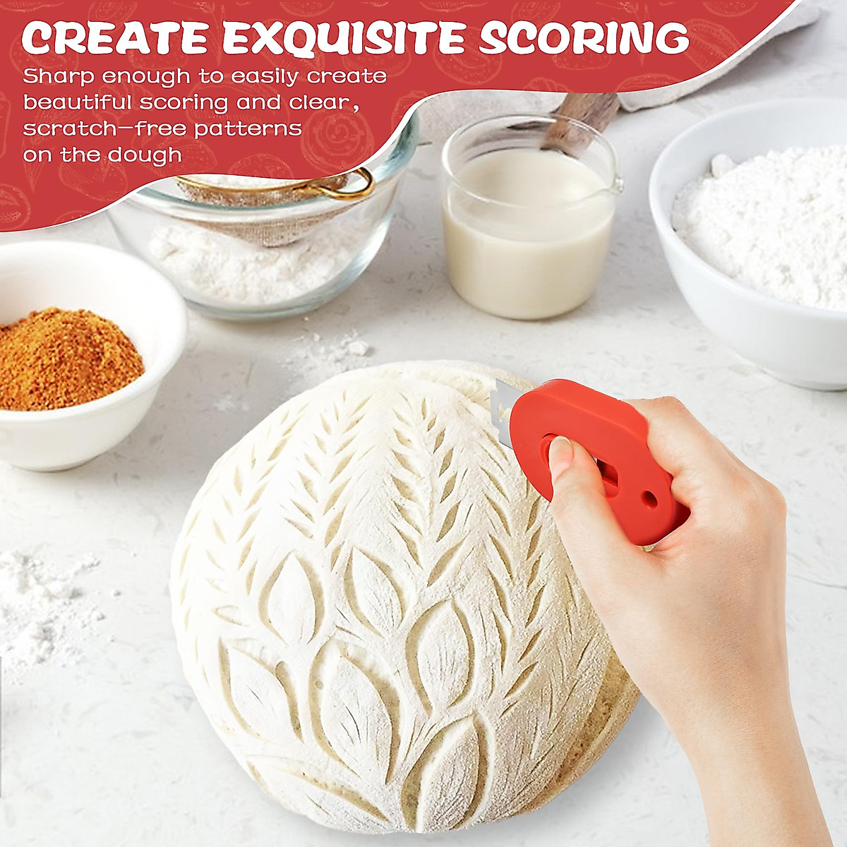 MGVK Bread Lame for Dough, Extractable & Magnetic Bread Lame Tool with 5PCS Blades for Artisan Bread, Essential Sourdough Bread Baking Supplies (Red)