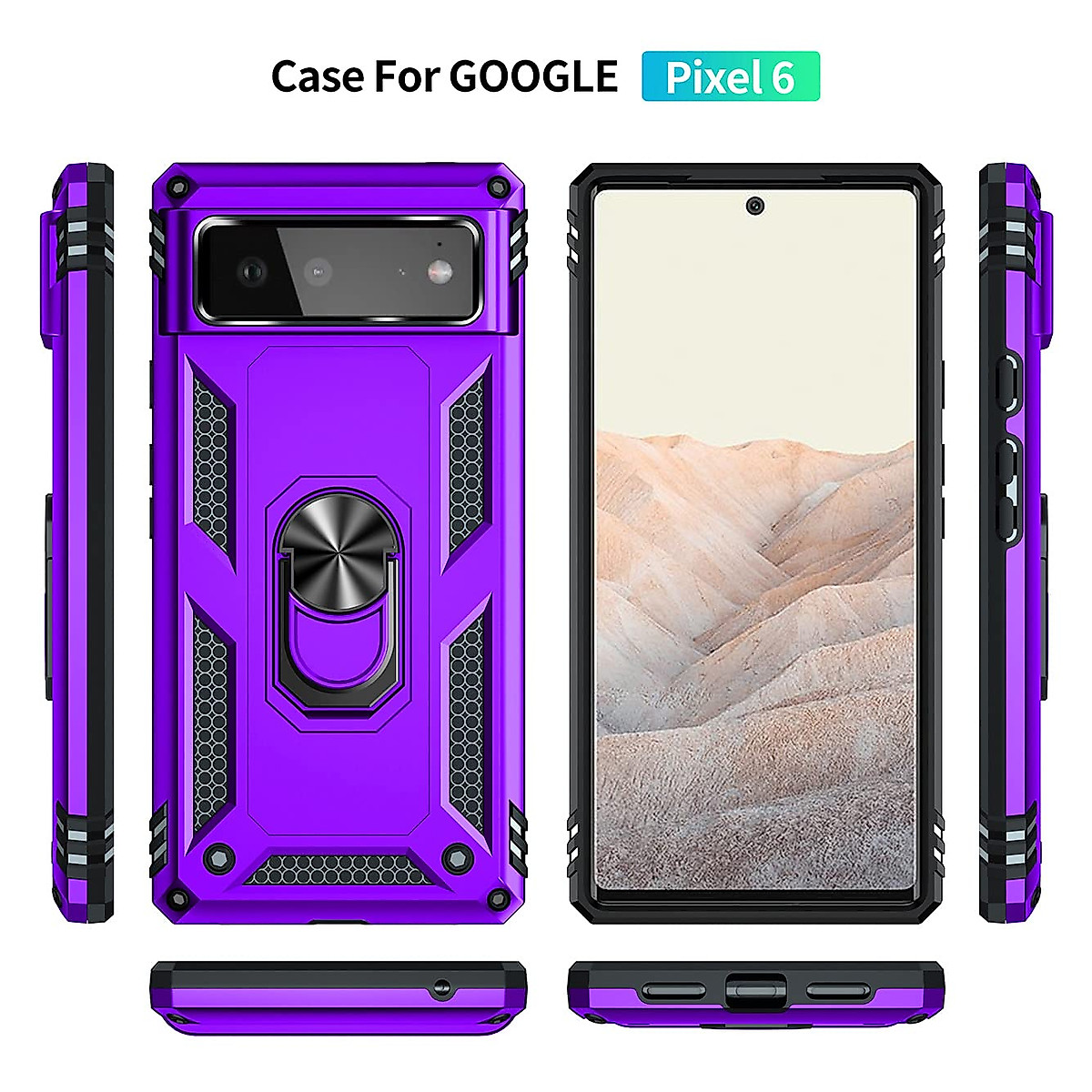 Androgate Designed for Google Pixel 6 Case with HD Screen Protectors, Military-Grade Metal Ring Holder Kickstand 15ft Drop Tested Shockproof Cover Case for Pixel 6 Purple