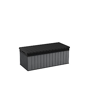 Keter Darwin 100 Gallon Resin Large Deck Box - Organization and Storage for Patio Furniture, Outdoor Cushions, Garden Tools and Pool Toys, Grey & Black
