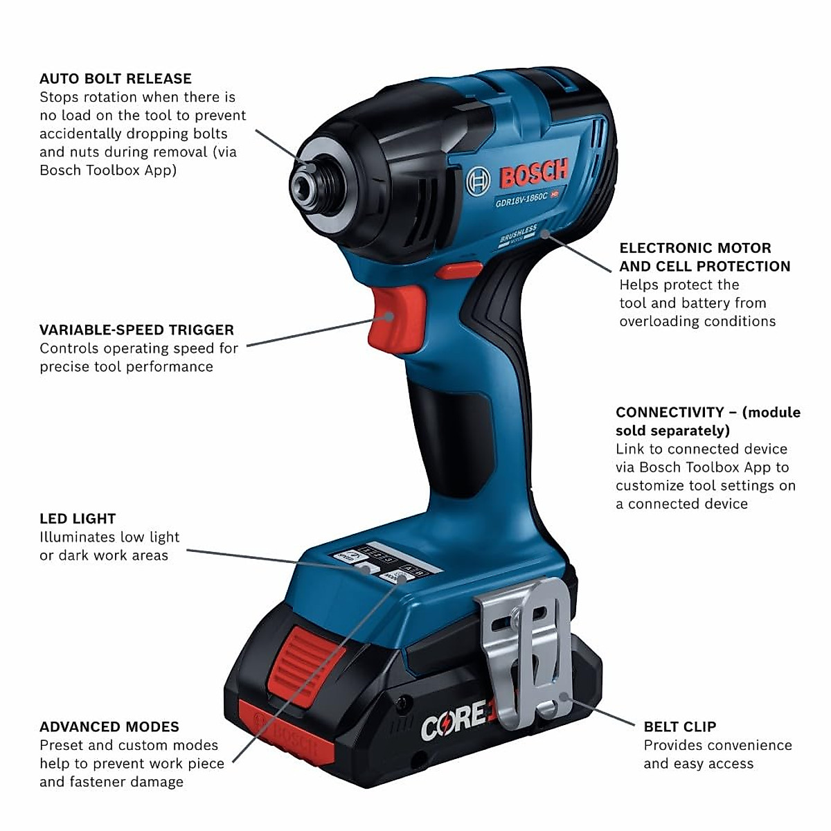 BOSCH GDR18V-1860CB25 18V Connected-Ready 1/4 In. Hex Impact Driver Kit with (2) CORE18V® 4 Ah Advanced Power Batteries and (1) Connectivity Module