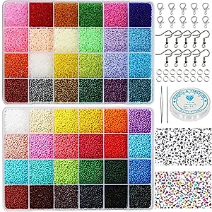 KERGAEN Total 48000pcs Size 2mm Seed Beads for Jewelry Making,12/0 Tiny Craft Beading Kit Set,260pcs Letter Alphabet Beads with Elastic String,Earring Hooks and Claw Clasps