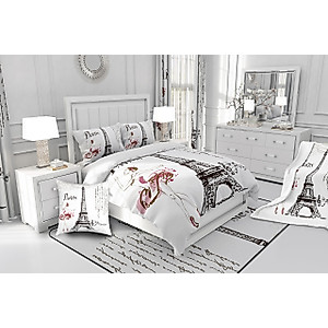 Erosebridal Eiffel Tower Duvet Cover Queen Size,Girls Ballet Comforter Cover for Ballet Lovers,Black White Bed Cover,Retro Music Notes Bedding Set,Romantic Ballerina Bed Set 3Pcs with 2 Pillow Cases