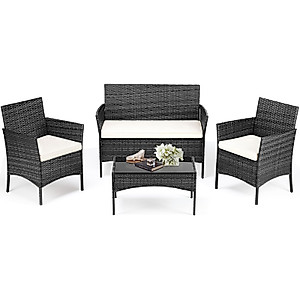 DUMOS Patio Furniture Set 4 Pieces, Outdoor Wicker Furniture with Coffee Table, Modern Rattan Patio Chairs Conversation Sets with Sofa for Garden, Terrace, Porch, Balconies, Lawns (Black and Beige)
