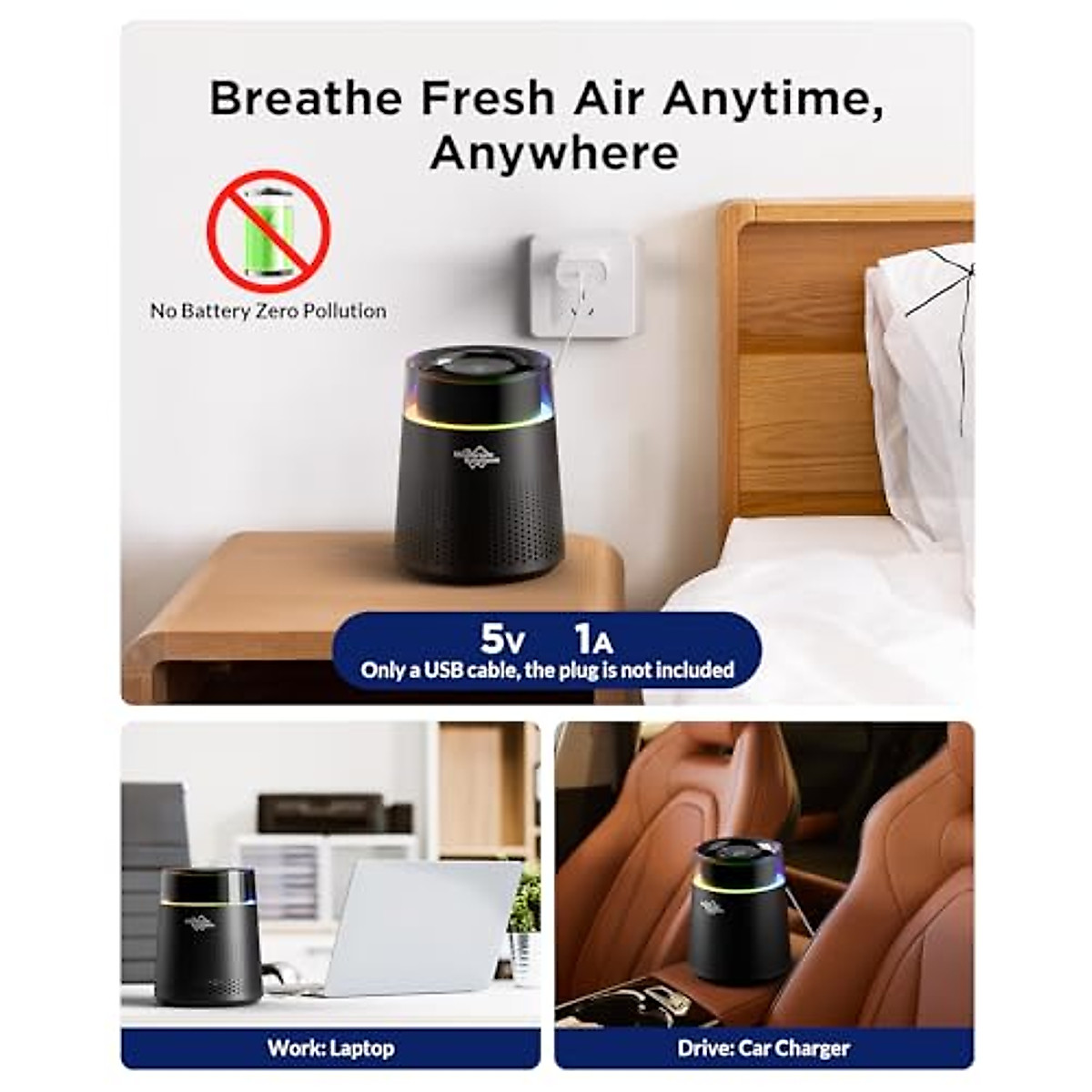 MSB5 Air Purifiers for Bedroom, H13 True HEPA Air Purifier for Home Room Office, 20dB Quiet Air Cleaner with Sleep Mode Colorful Night Light for Pets Dander Pollen Mold (Black)