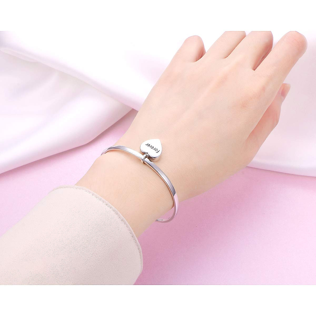 YinShan Cremation Jewelry 925 Sterling Silver Memorial Ashes Keepsake Urn Bangle Bracelet with Heart Drop Pendant Engraved in My Heart Forever (Heart Bracelet without Chain)