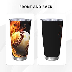 Fire Baseball Tumbler with Lid and Straw 20oz Stainless Steel Car Cup for Hot and Cold Drinks, Double Wall Insulated Travel Coffee Mug Reusable Drink Thermos Cup Birthday Gifts