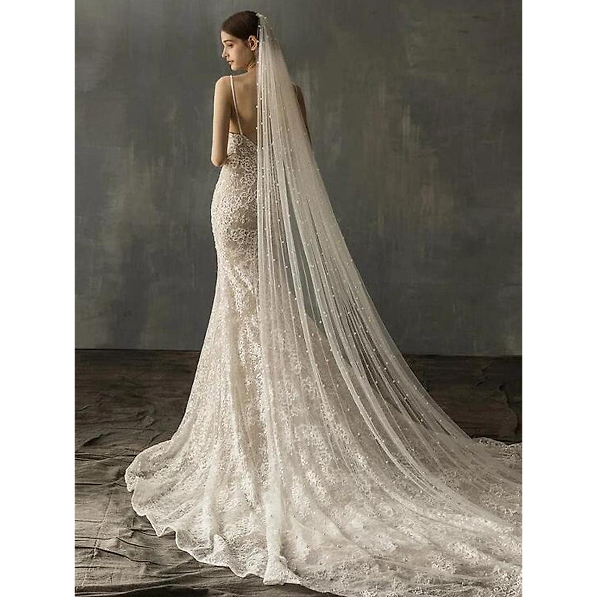 HEREAD Pearl Bride Wedding Veil White Fingertip Cathedral Bridal Tulle Veils Hair Accessories with Comb and Cut Edge (35.4“ Length)