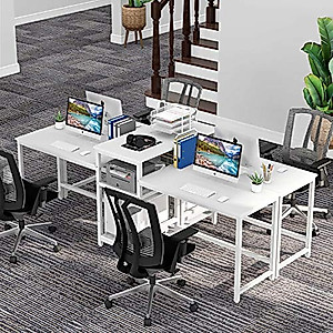 Tribesigns 96.9" Double Computer Desk with Printer Shelf, Extra Long Two Person Desk Workstation with Storage Shelves, Large Office Desk Study Writing Table for Home Office, White