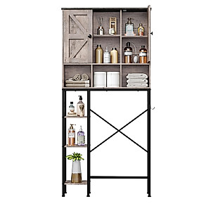 CHOEZON Over The Toilet Storage, Farmhouse Bathroom Storage Cabinet, Over Toilet Shelf with Storage Cabinet, Bathroom Organizer with Hooks, for Bathroom, Restroom, Charcoal Gray and Black TTS01HC