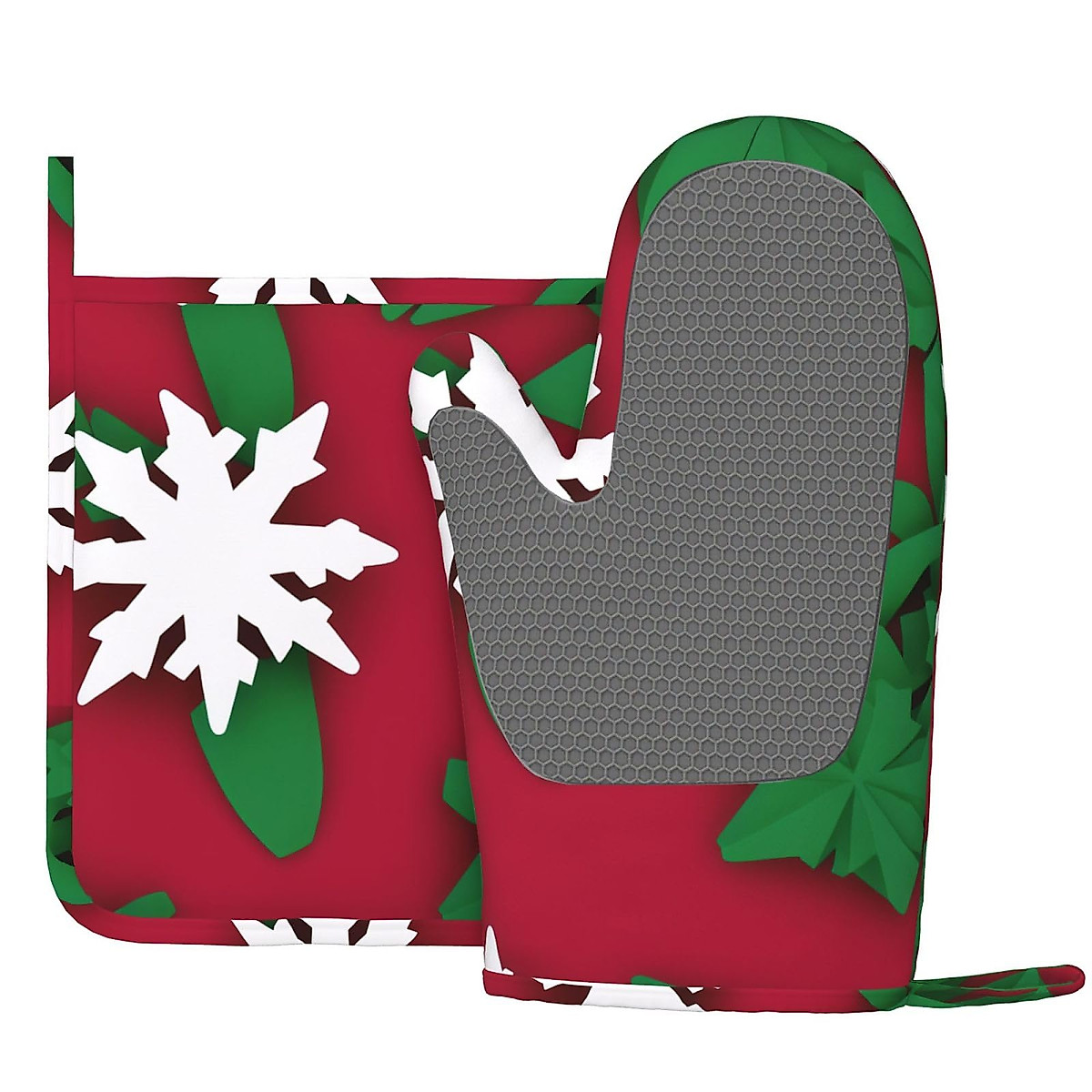 Xmas Snowflake Printing Pattern Silicone Oven Mitts Pot Holder Sets 2pcs Cute Design Washable Non Slip Kitchen Heat Resistant Mat Women's Cooking Gloves for Baking and BBQ Wear