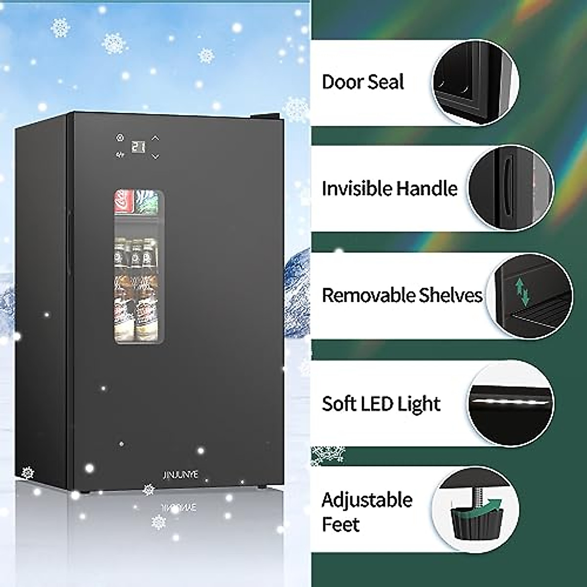 JINJUNYE Beverage Refrigerator and Cooler, 115 Can Beverage Fridge, Cools to 21°F, Mini Fridge Freestanding Beverage for Beverage, Beer Wine, Juice, for Bedroom Bar Office 3 Cu.ft